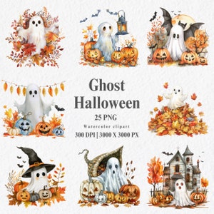 Watercolor Ghost Clipart, 25 PNG Halloween Clipart Bundle, Cute Ghost ...