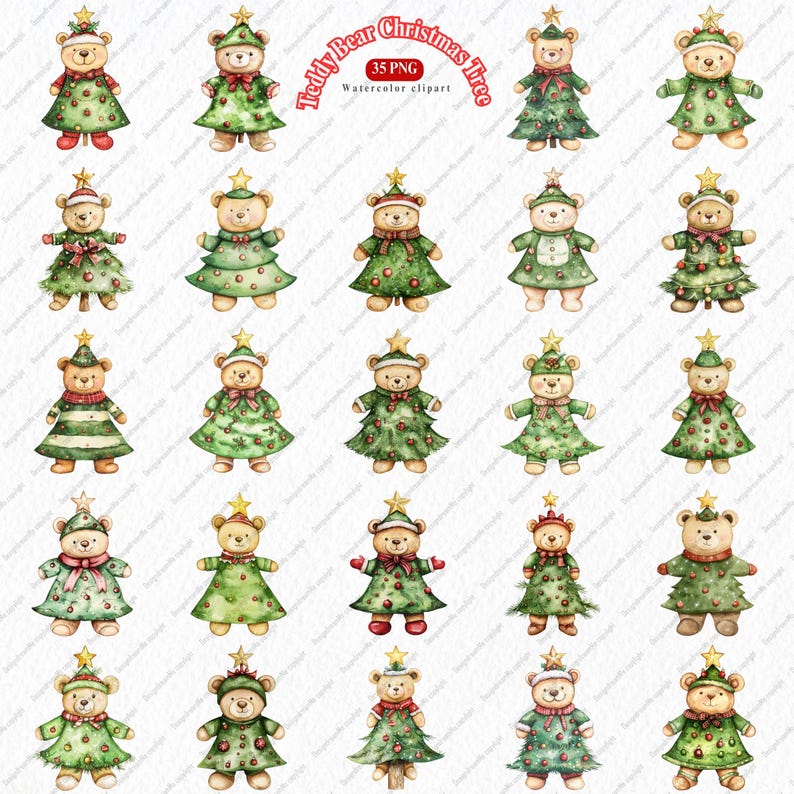 Christmas Teddy Bear Tree Clipart Bundle, Watercolor Christmas Bear ...