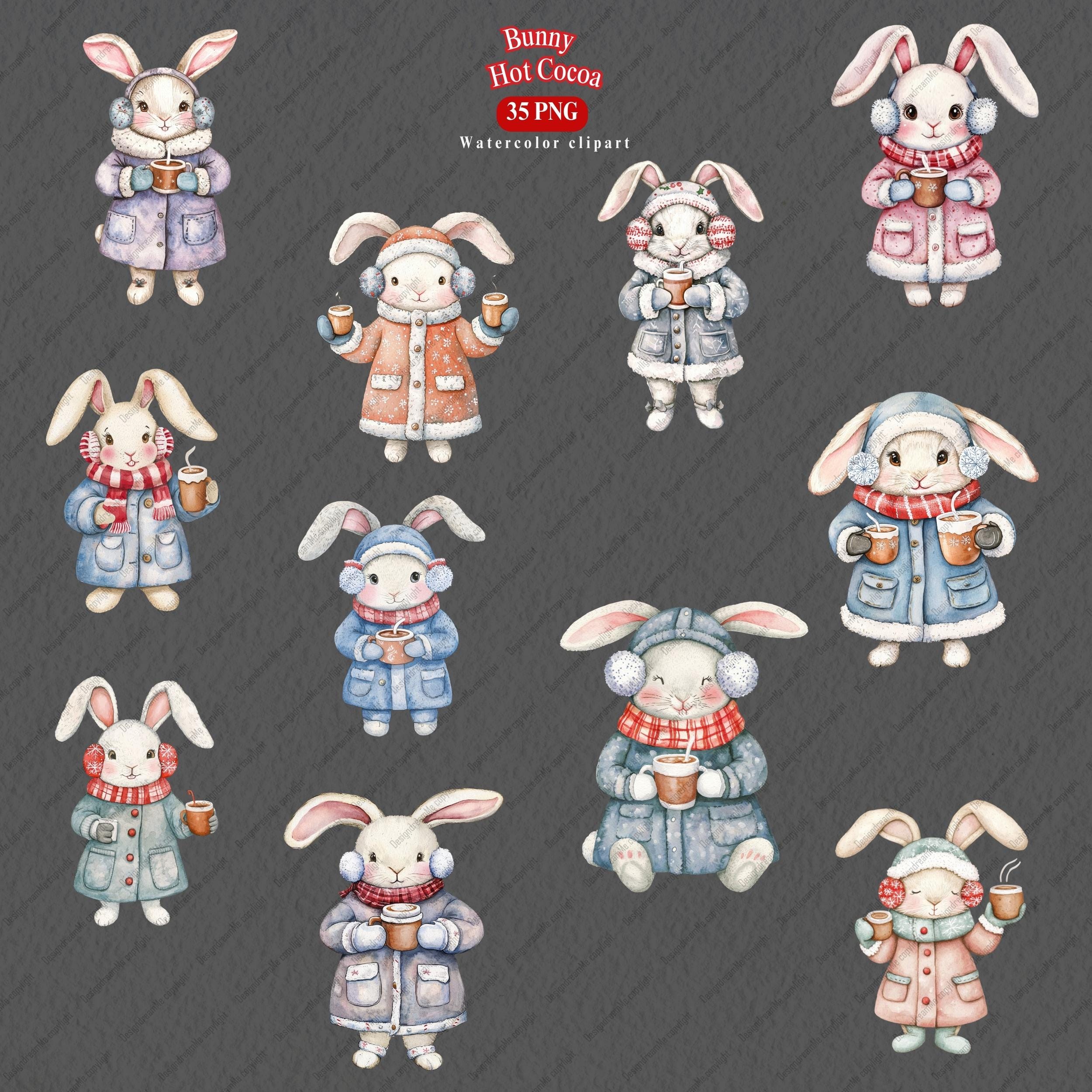 Watercolor Bunny Hot Cocoa Clipart: 35 Winter Illustrations (digital ...