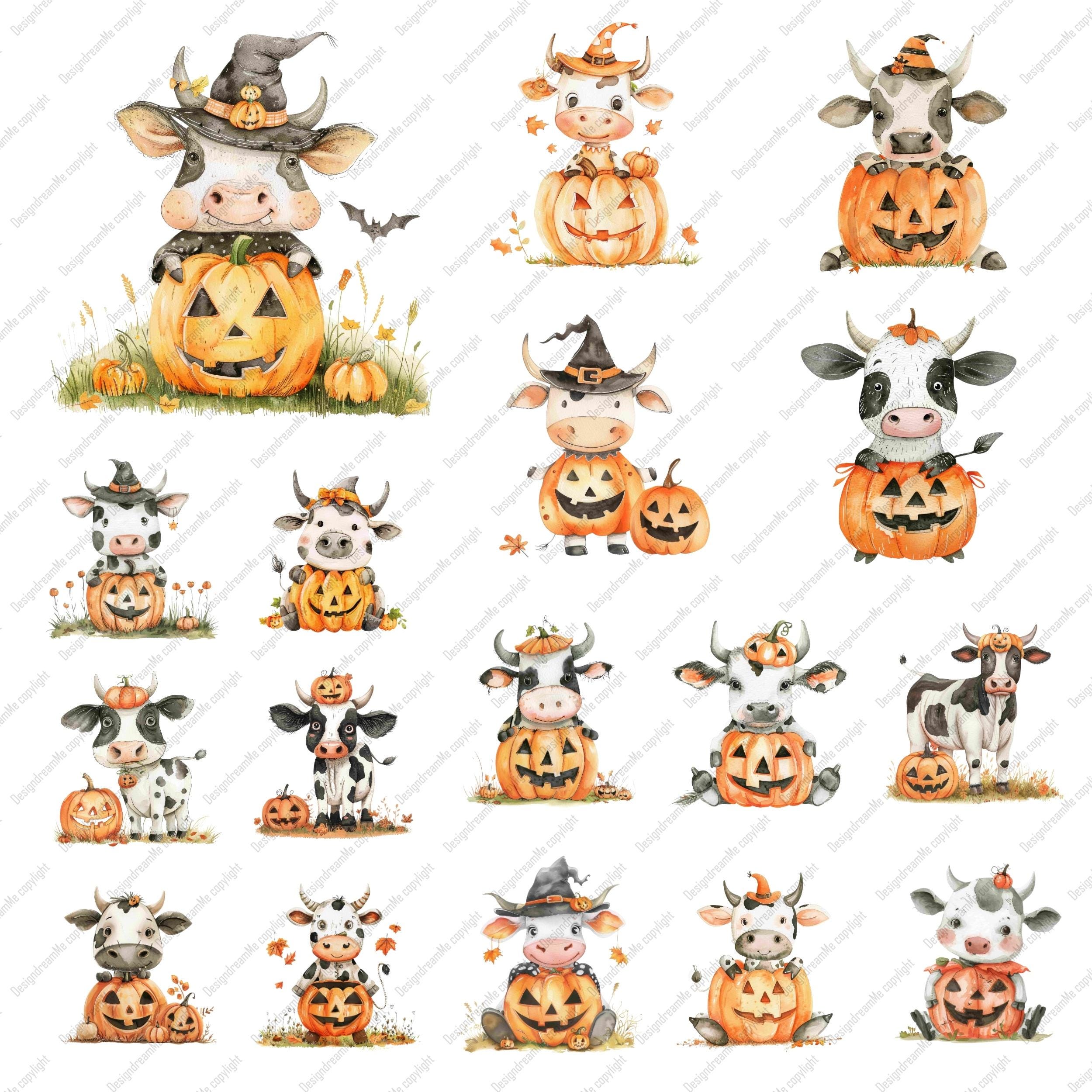 Watercolor Halloween Cow Clipart Set: Farm Animal Pumpkin (digital ...