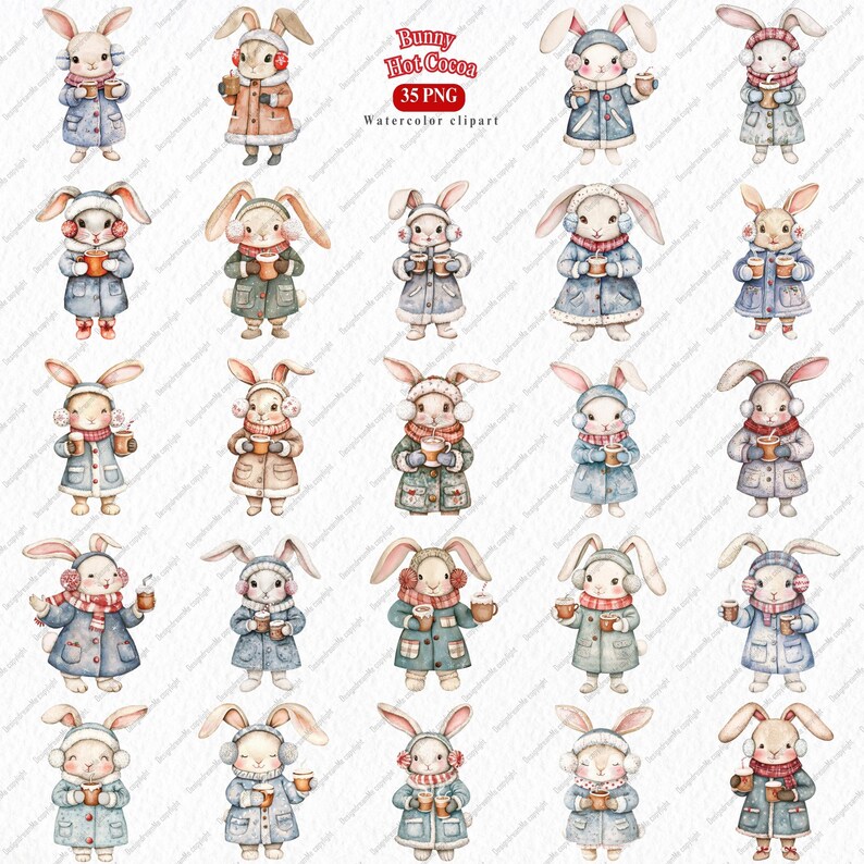 Watercolor Bunny Hot Cocoa Clipart: 35 Winter Illustrations (digital ...