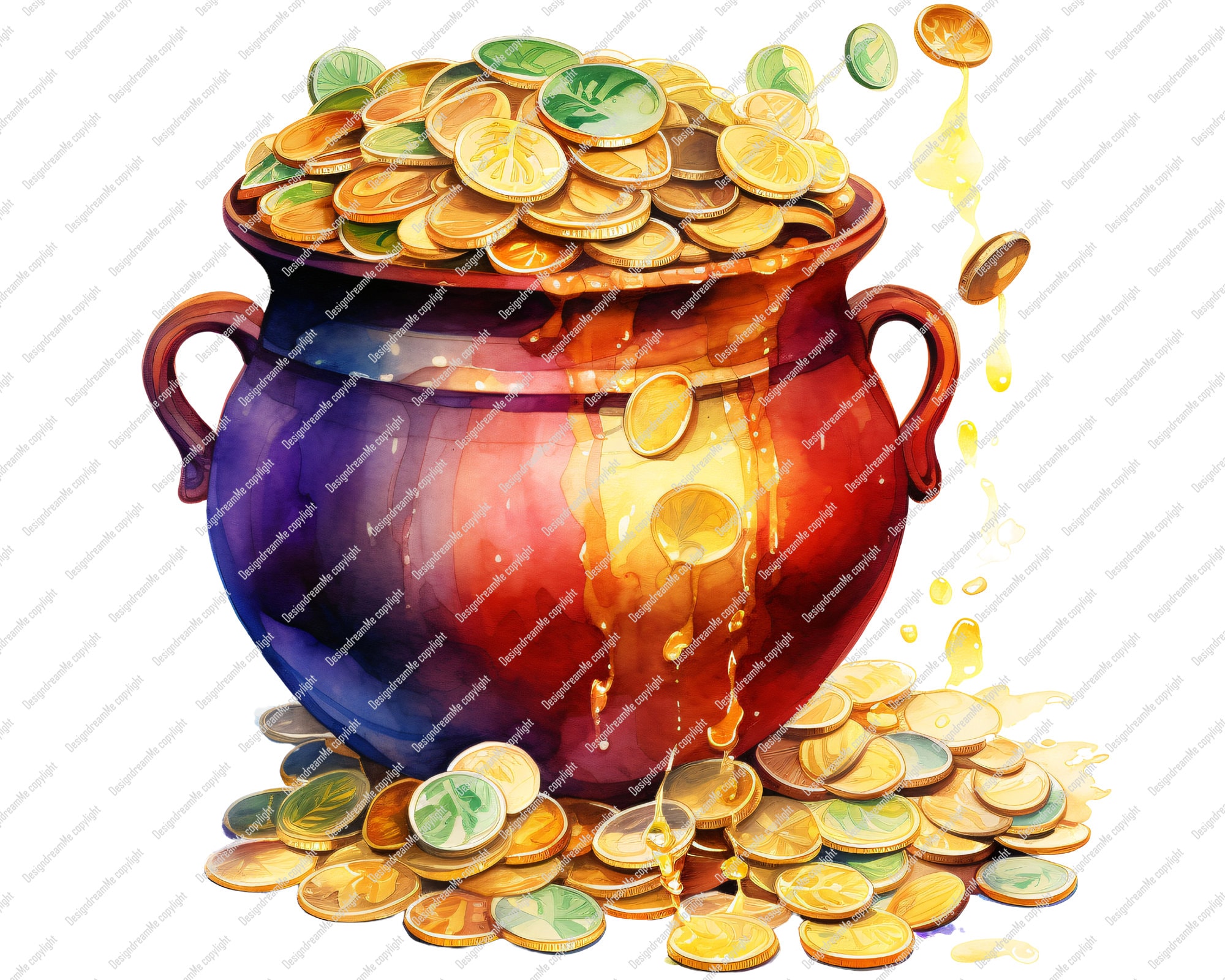 Watercolor Pot of Shamrock Gold Coins Clipart, Overflowing Pot of Gold ...