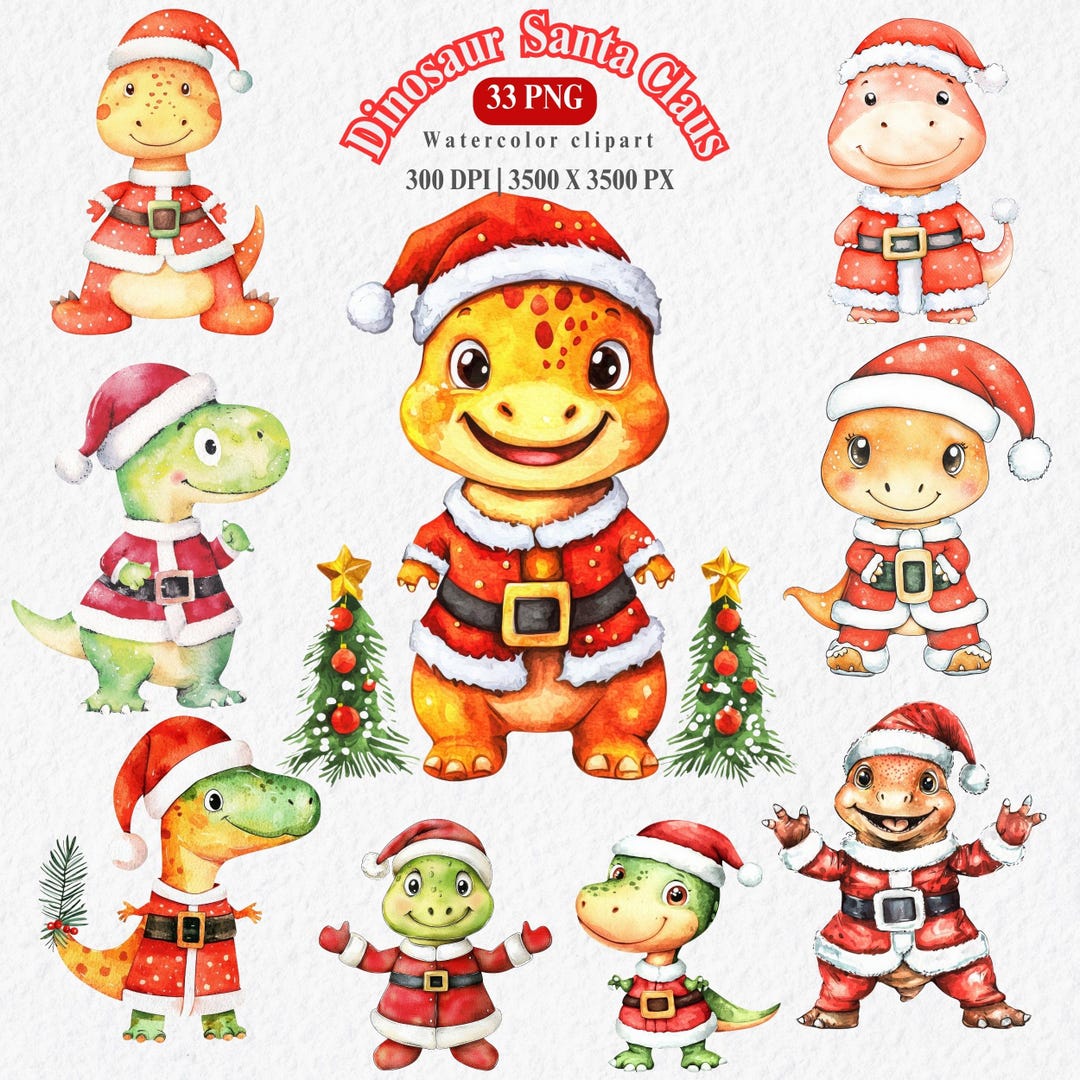 Dinosaur Christmas Clipart, 33 PNG, Watercolor Santa Dinosaur ...
