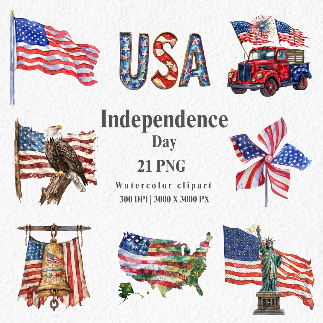 Watercolor Independence Day Clipart Bundle, 4th of July, American Pride ...
