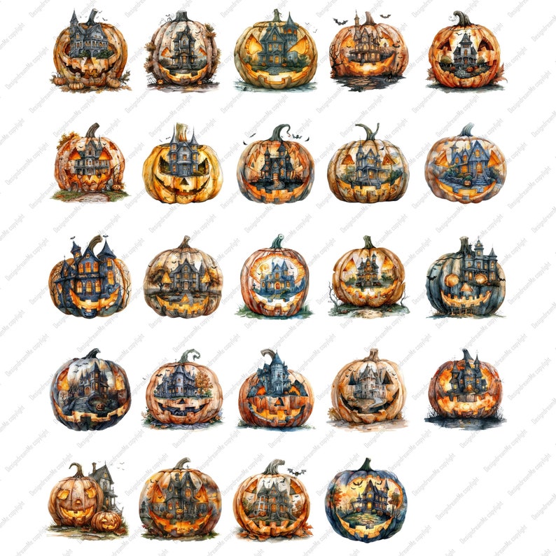 Watercolor Jack-o-lantern Haunted House Clipart Set, 24 PNG Files for ...
