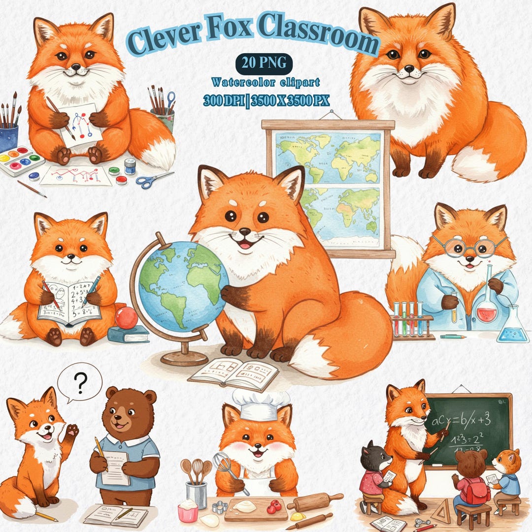 Watercolor Fox Clipart: Back to School Classroom PNG Set (digital ...