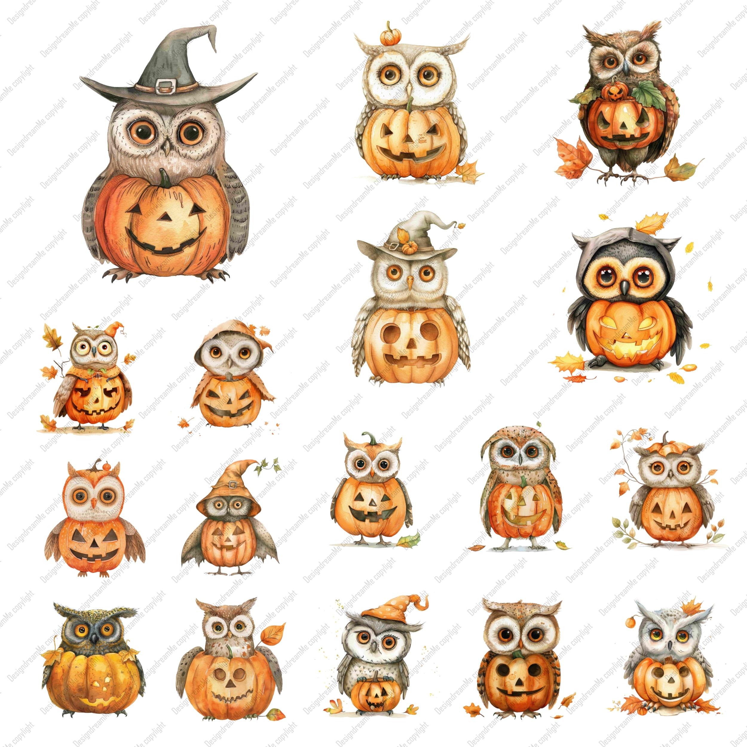 Cute Halloween Owl Clipart Bundle, Watercolor Pumpkin Owls, Fall Autumn ...