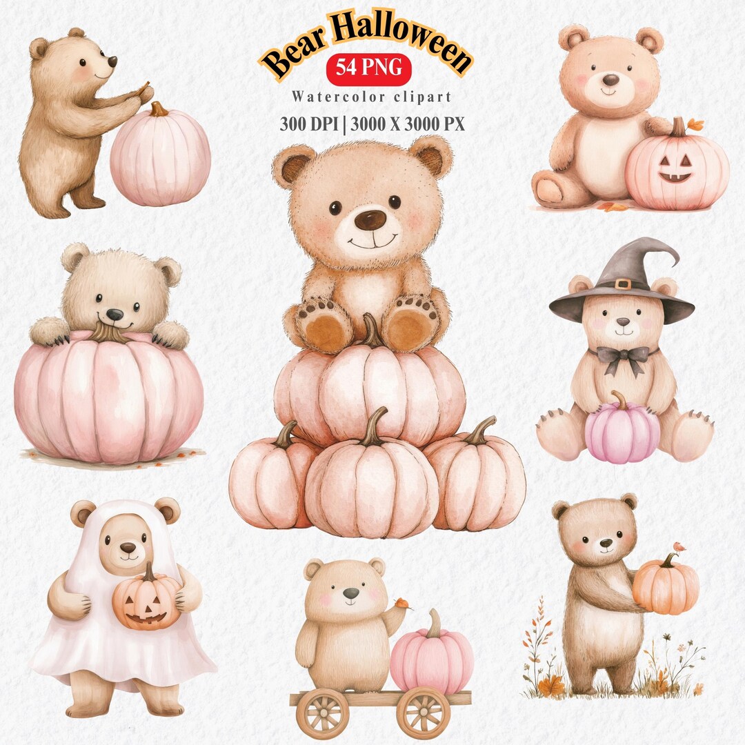 Teddy Bear Halloween Clipart 3, Watercolor Bear Halloween Clipart, Cute ...