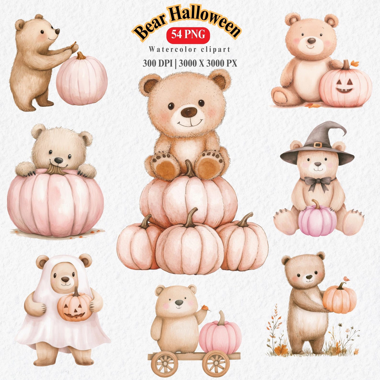 Teddy Bear Halloween Clipart 3, Watercolor Bear Halloween Clipart, Cute ...