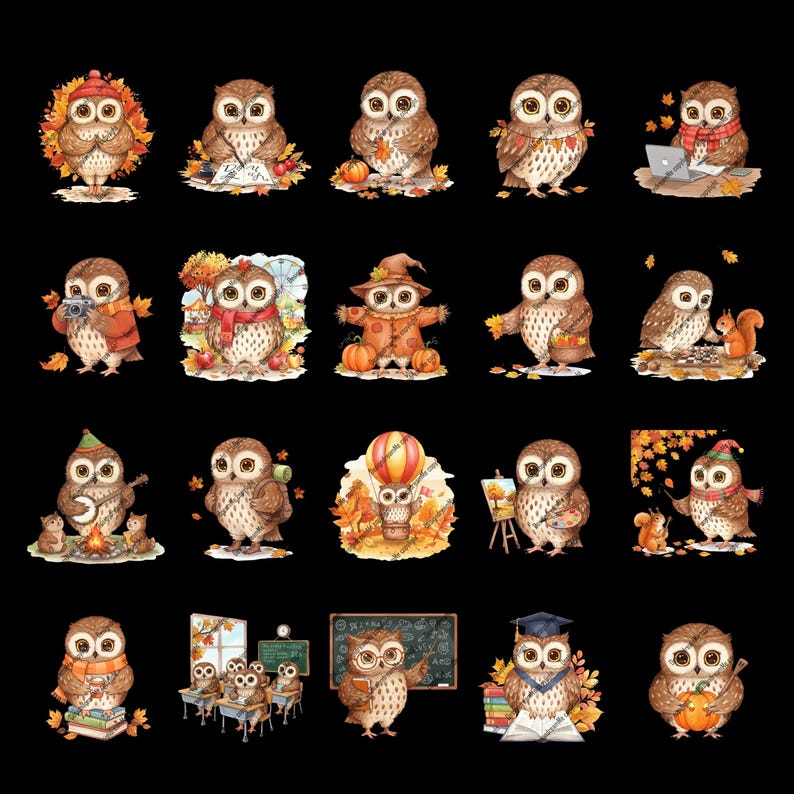 Owl Fall School Clipart | Cute Autumn Owl Teacher PNG | Watercolor Back ...