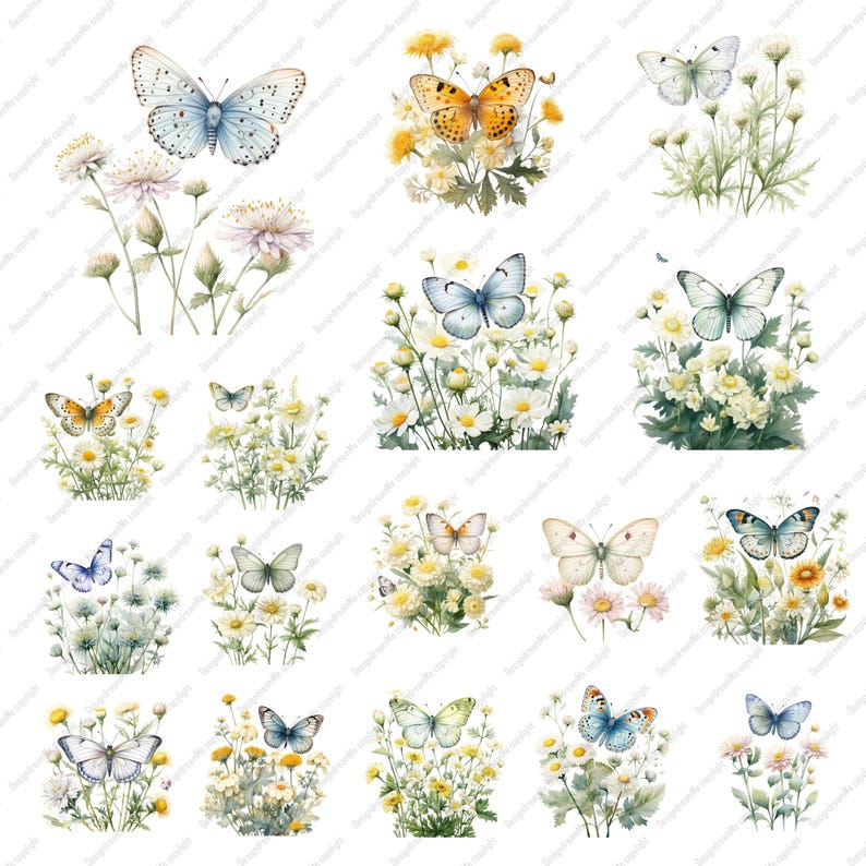 Watercolor Butterfly Flowers Clipart: Spring Floral Art (digital ...