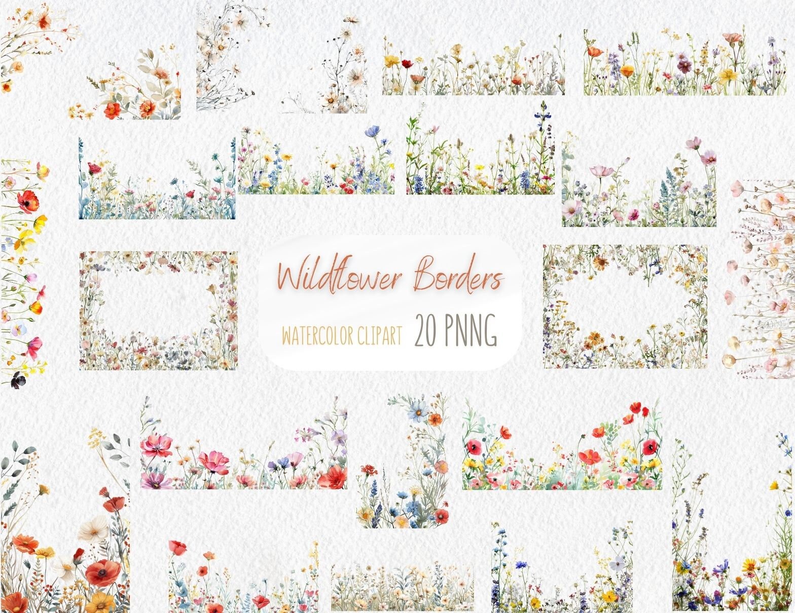 Watercolor Wildflower Borders Clipart: Wedding PNG Graphics (digital ...