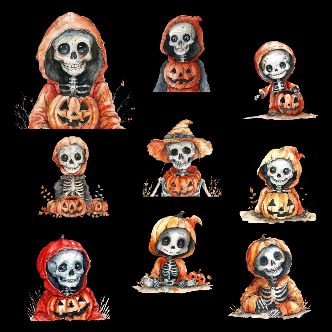 Watercolor Skeleton Halloween Clipart, 34 PNG Halloween Clipart, Cute ...