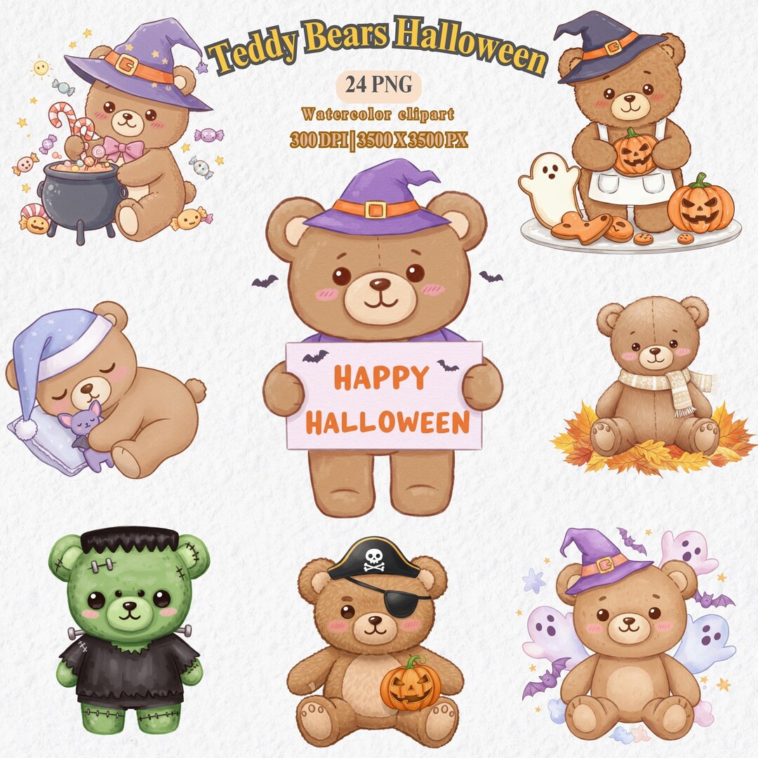Teddy Bear Halloween Clipart | Cute Watercolor Halloween Bear PNG ...