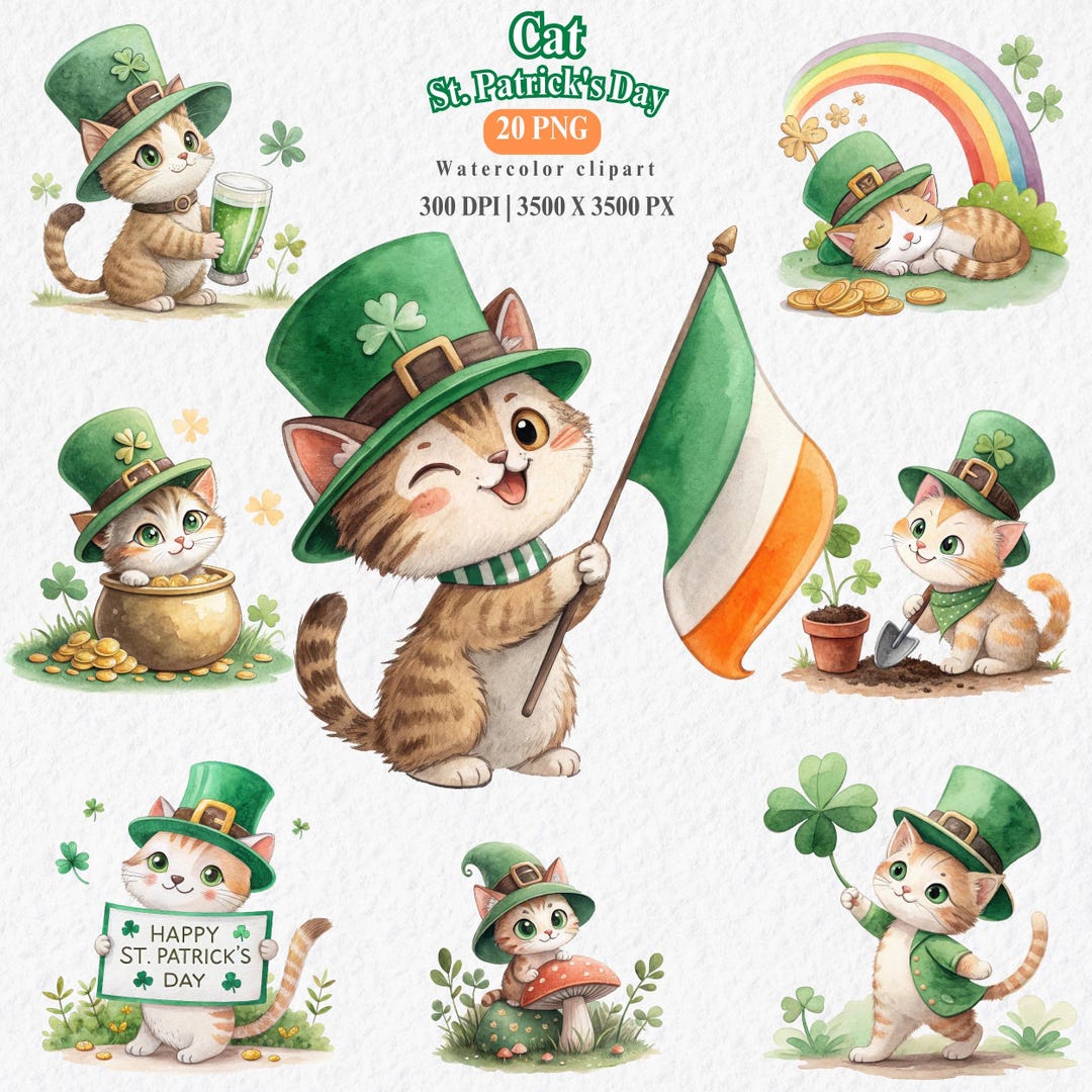 St. Patrick's Day Cat Clipart Bundle, Cute Watercolor Cat PNG, Irish ...