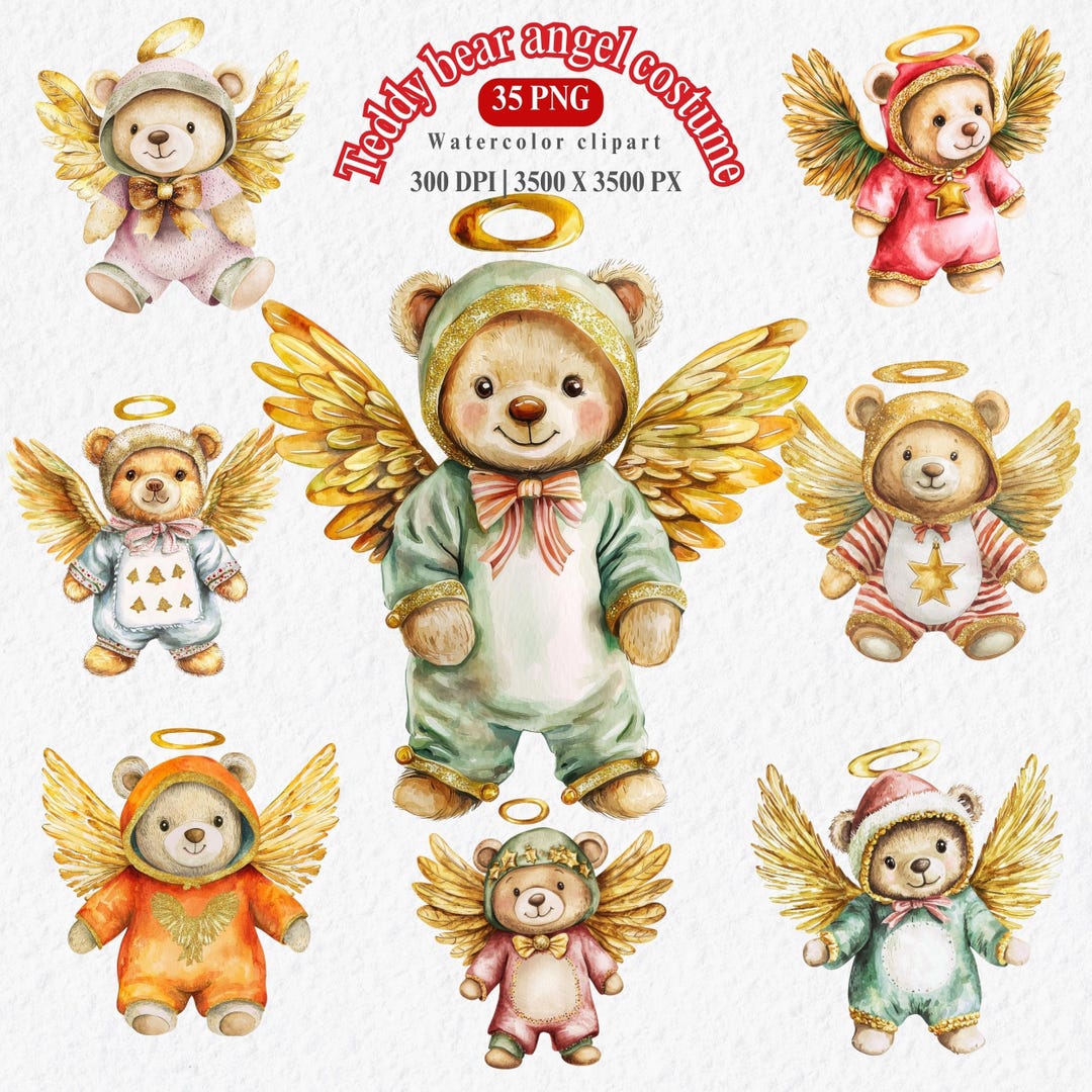 Watercolor Teddy Bear Angel Clipart Set, 35 PNG Angelic Teddy Bear ...