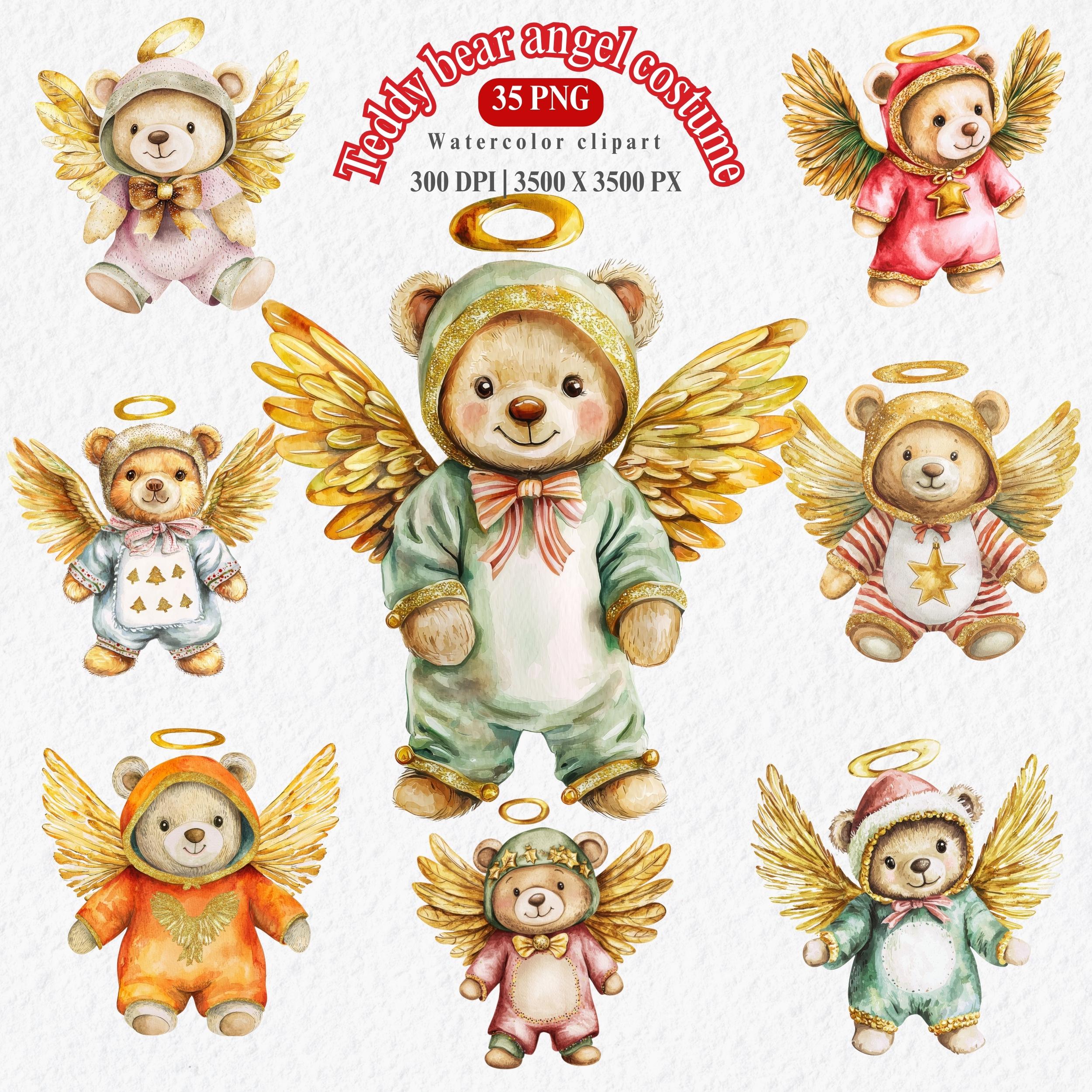 Watercolor Teddy Bear Angel Clipart Set, 35 PNG Angelic Teddy Bear ...