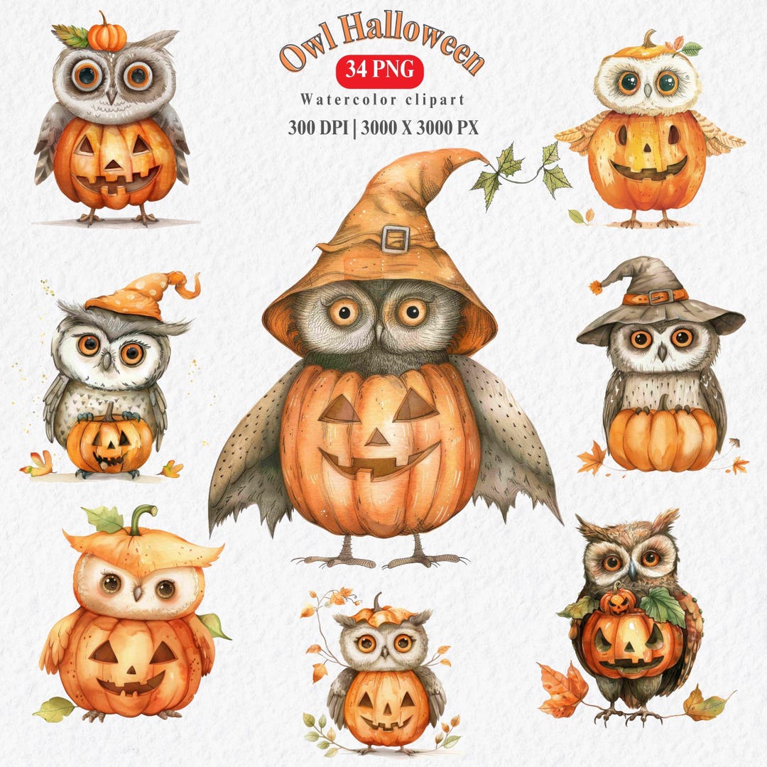 Cute Halloween Owl Clipart Bundle, Watercolor Pumpkin Owls, Fall Autumn ...