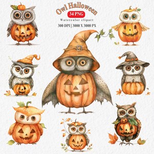 Cute Halloween Owl Clipart Bundle, Watercolor Pumpkin Owls, Fall Autumn ...
