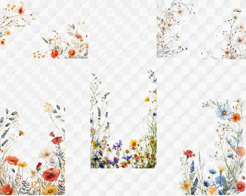 Watercolor Wildflower Borders Clipart: Wedding PNG Graphics (digital ...