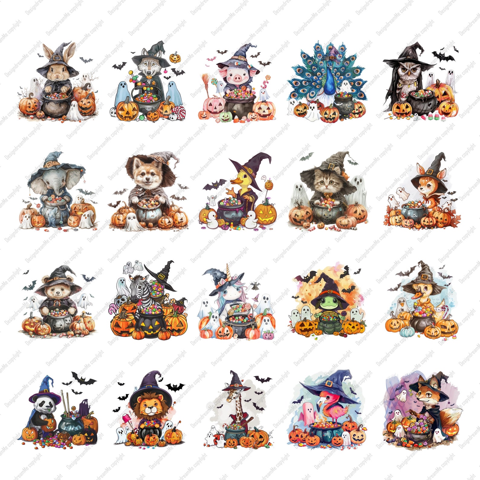 Watercolor Halloween Animal Clipart: 20 PNG Spooky Graphics (commercial ...