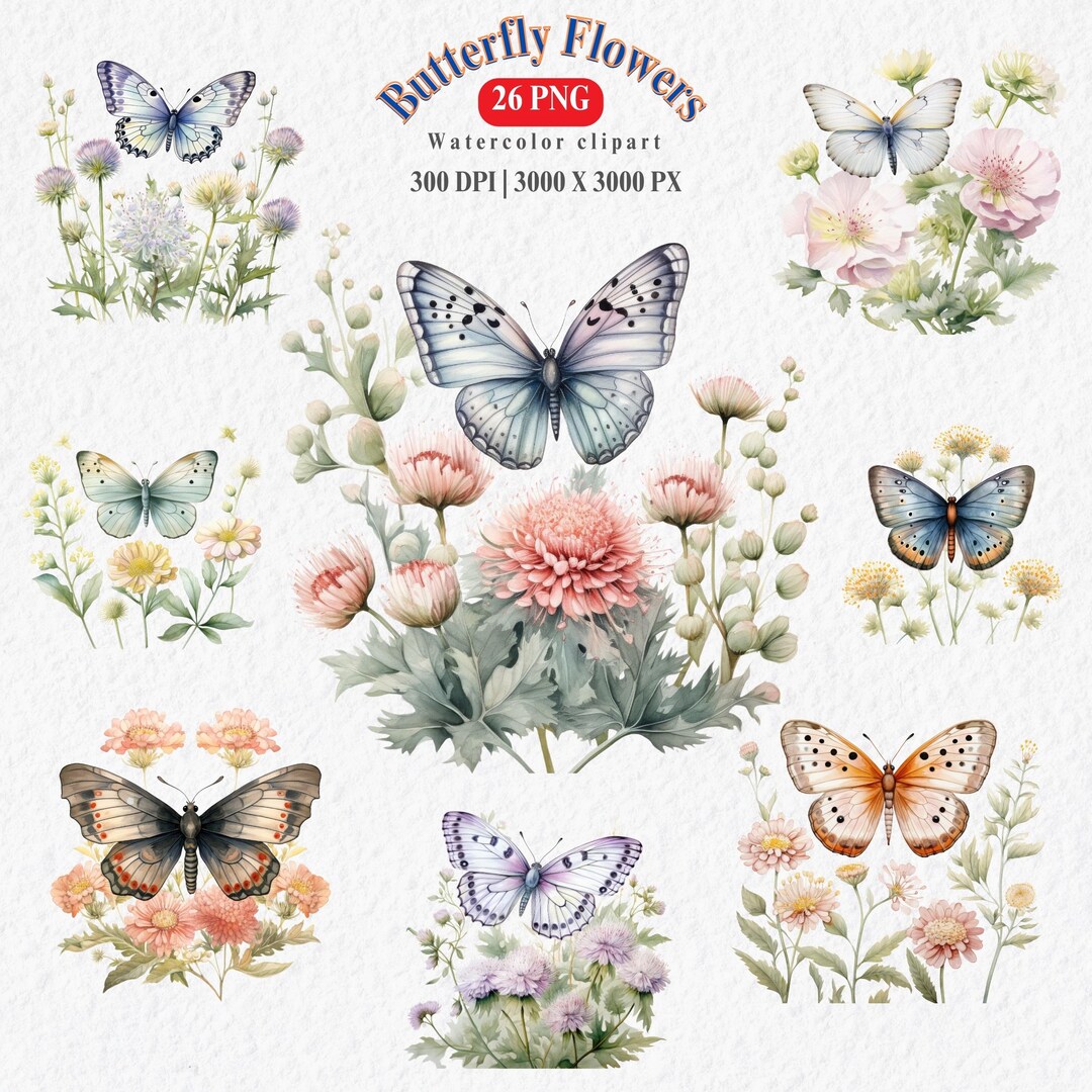 Watercolor Butterfly Flowers Clipart1, Butterflies Clipart, Spring ...