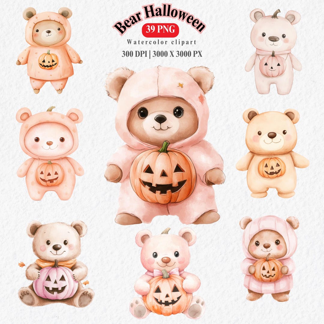 Watercolor Halloween Teddy Bear Clipart Bundle: Pumpkin Costume (PNG ...