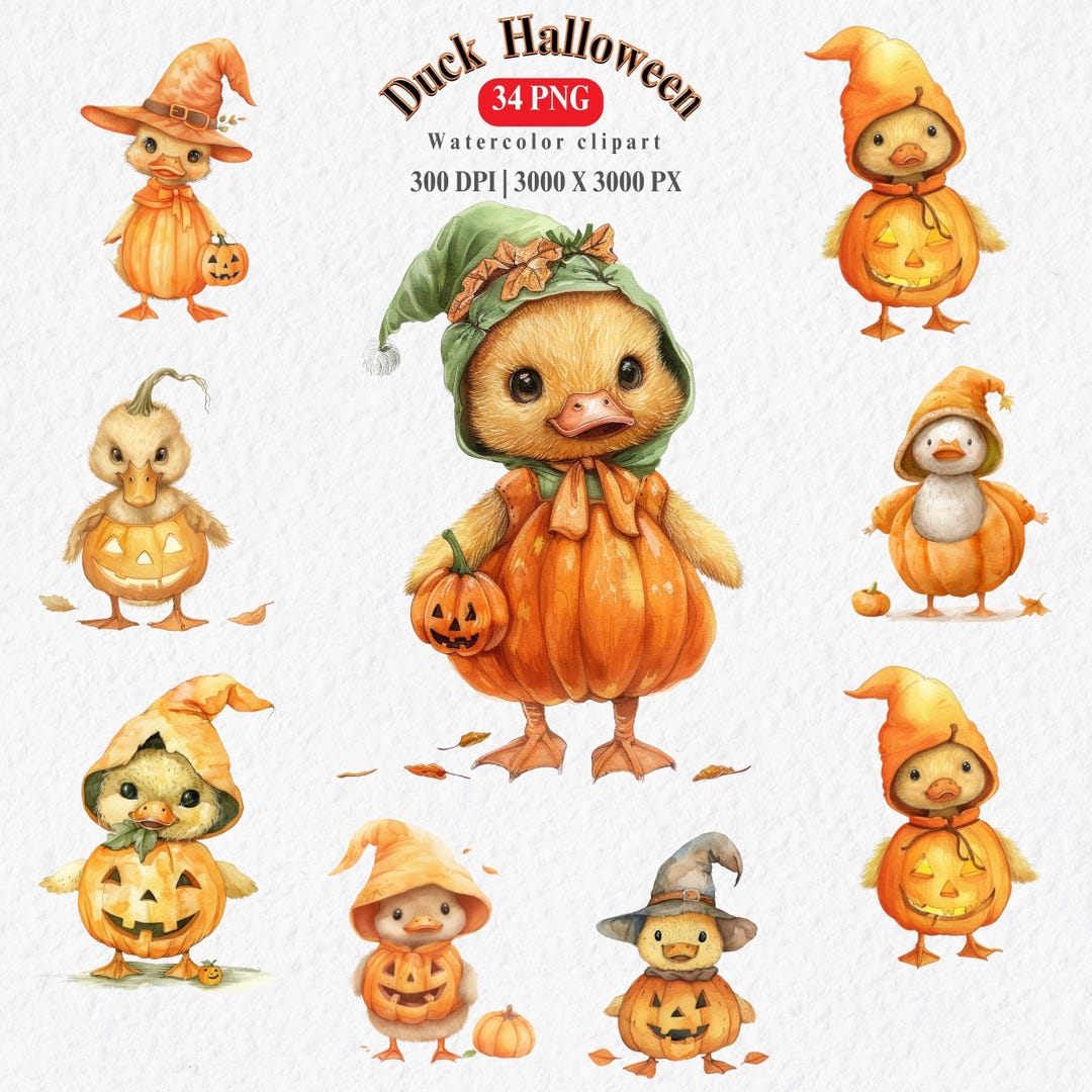Watercolor Halloween Duck Clipart: 34 PNG Bundle, Pumpkin Costume ...