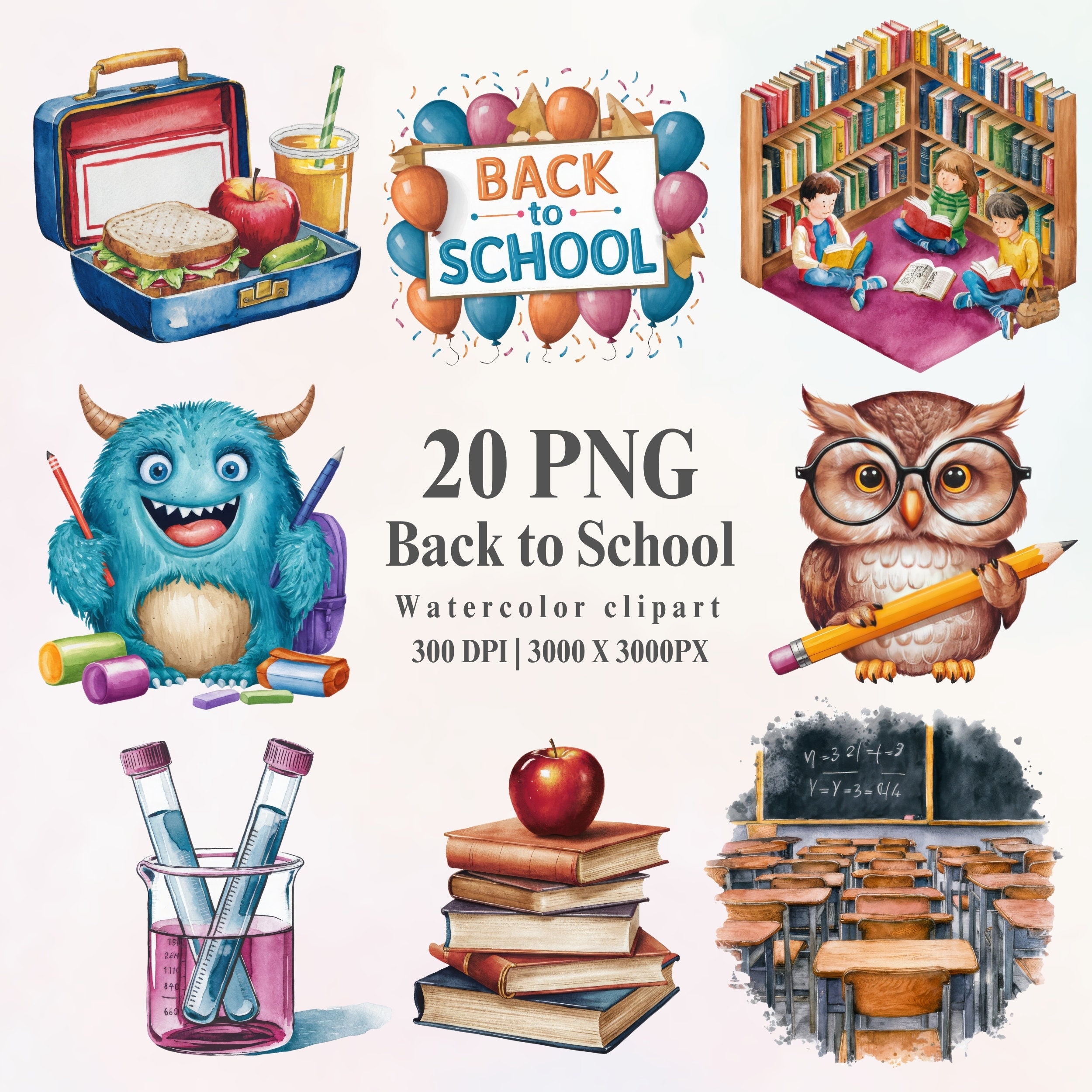 Watercolor Back to School Clipart, School Bus, Backpack, Pencil ...