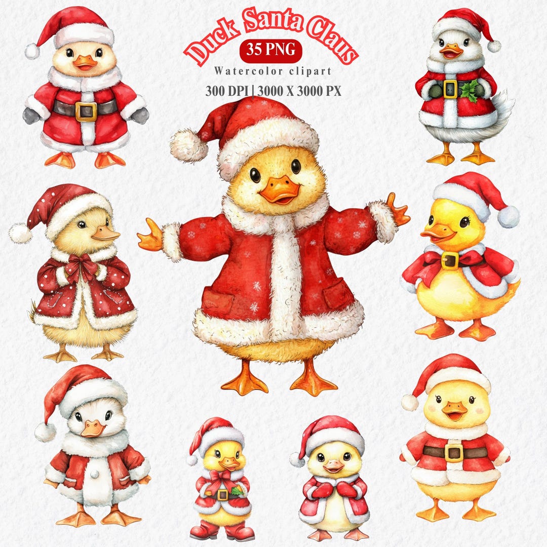 Watercolor Christmas Duck Clipart: Santa Suit PNG Bundle (commercial ...