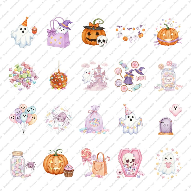 Pastel Halloween Clipart Set: Kawaii Ghosts, Pumpkins, Candy (PNG ...