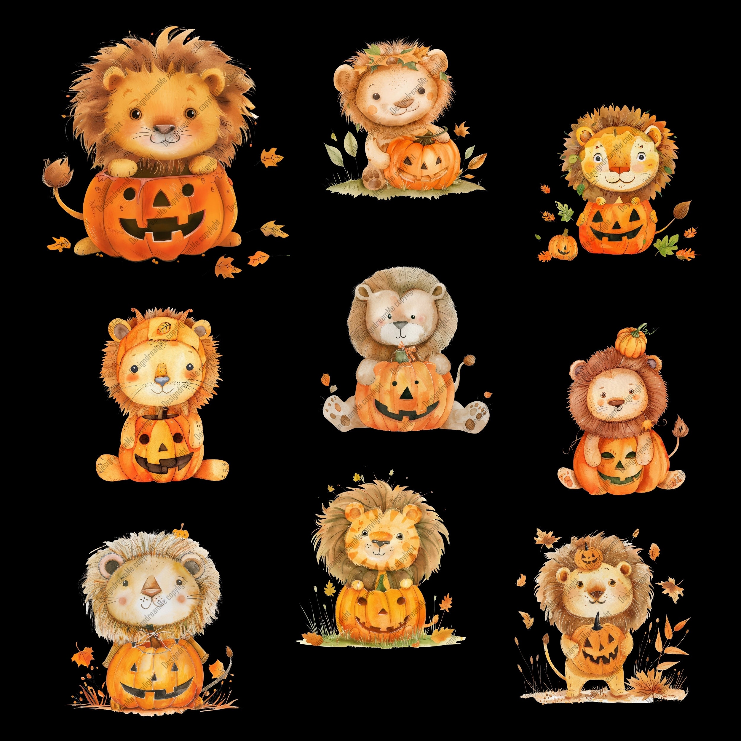 Watercolor Lion Halloween Clipart, 36 PNG Halloween Clipart, Cute ...