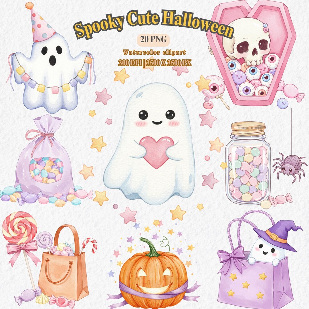 Pastel Halloween Clipart Set: Kawaii Ghosts, Pumpkins, Candy (PNG ...