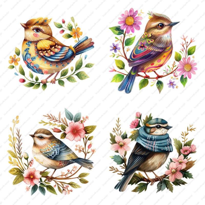 Cute Spring Birds With Flowers, Cute Birds Clipart Png, Scrapbooking ...