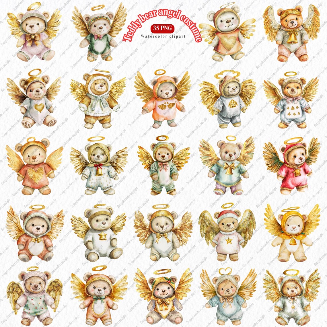 Watercolor Teddy Bear Angel Clipart Set, 35 PNG Angelic Teddy Bear ...