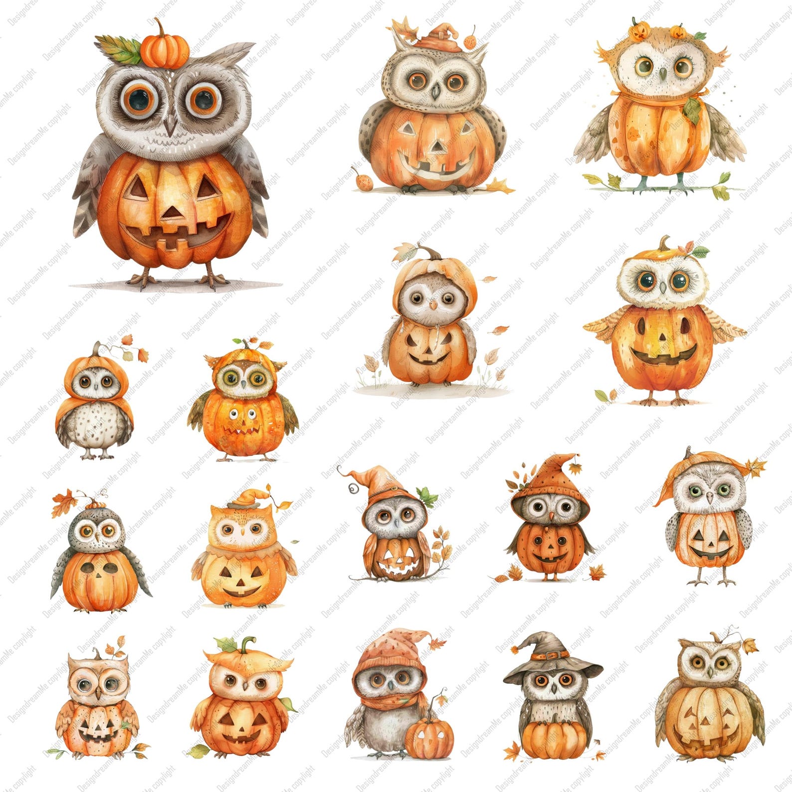 Cute Halloween Owl Clipart Bundle, Watercolor Pumpkin Owls, Fall Autumn ...