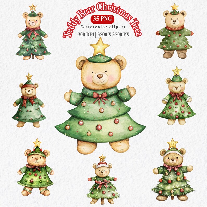 Christmas Teddy Bear Tree Clipart Bundle, Watercolor Christmas Bear ...