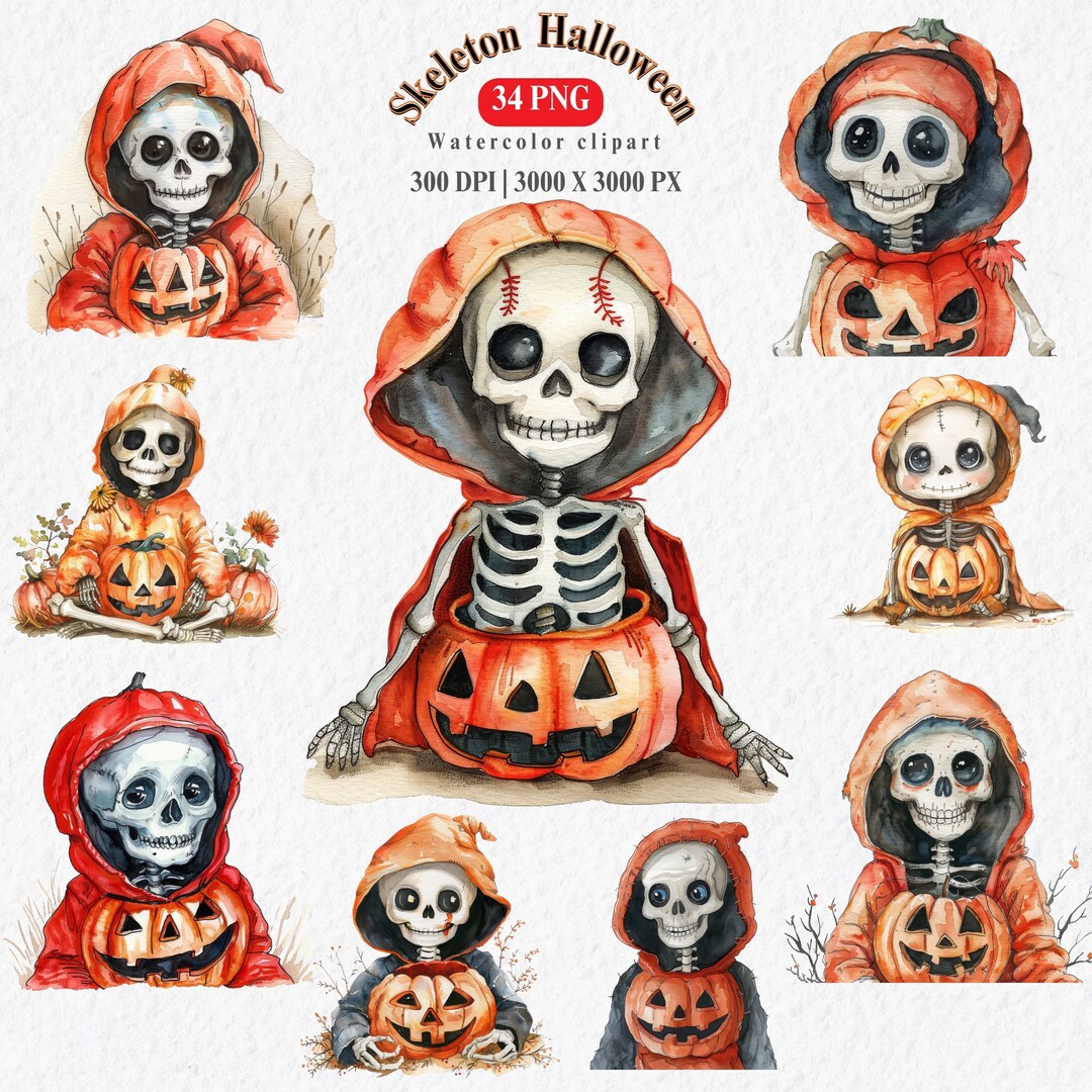 Watercolor Skeleton Halloween Clipart, 34 PNG Halloween Clipart, Cute ...