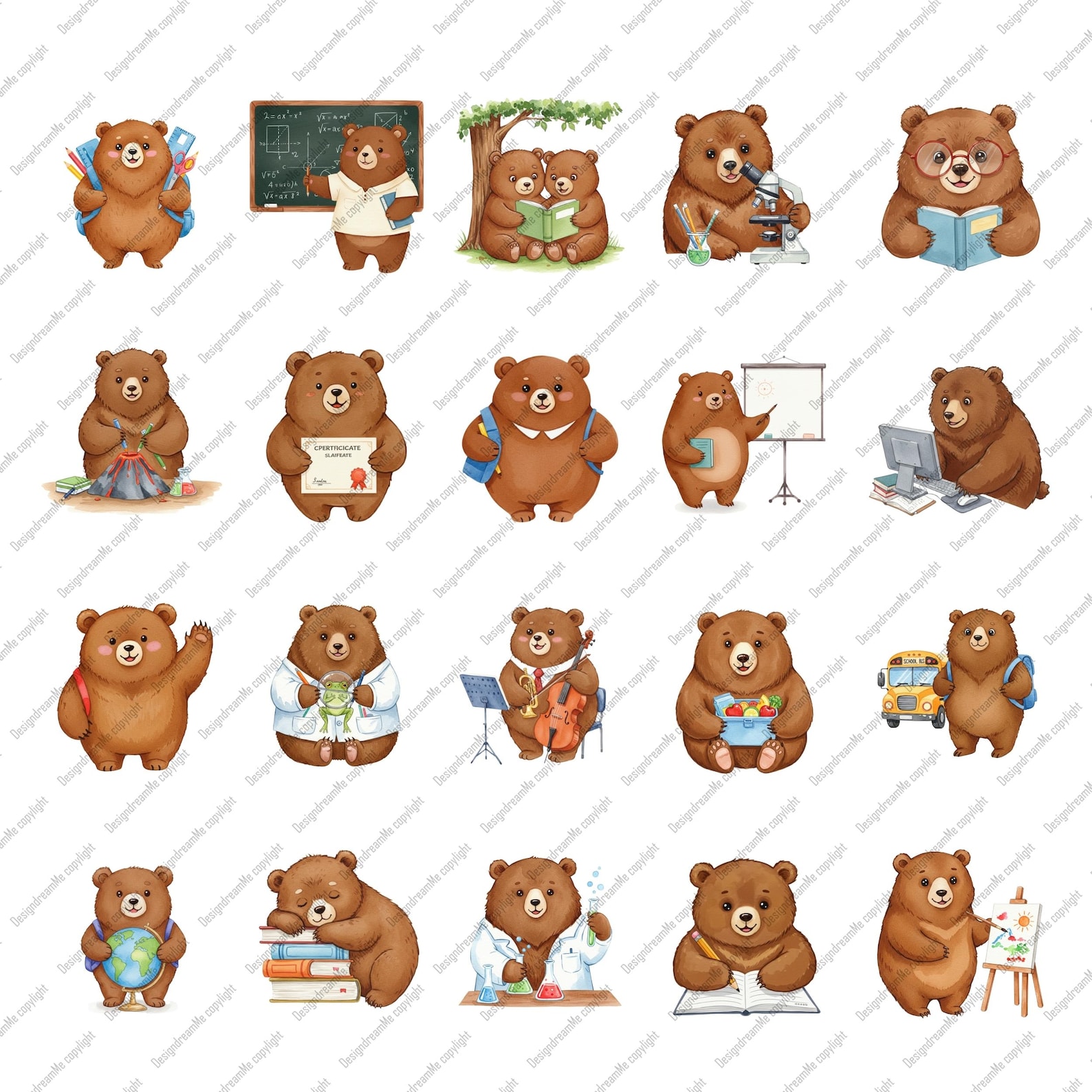 Watercolor Bear Clipart: Back to School Animal PNG Set (digital ...