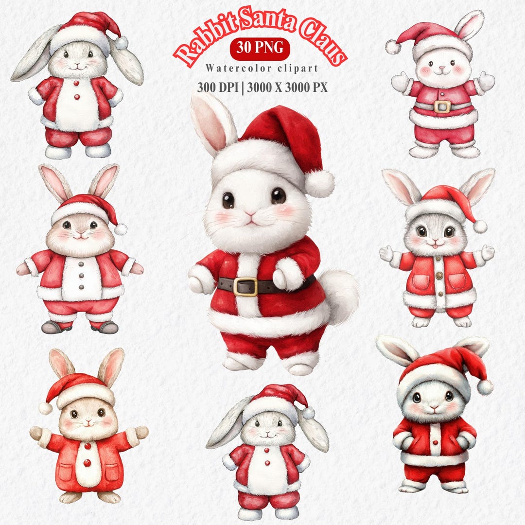 Rabbit Santa's Claus Clipart, 30 PNG Watercolor Christmas Clipart, Cute ...