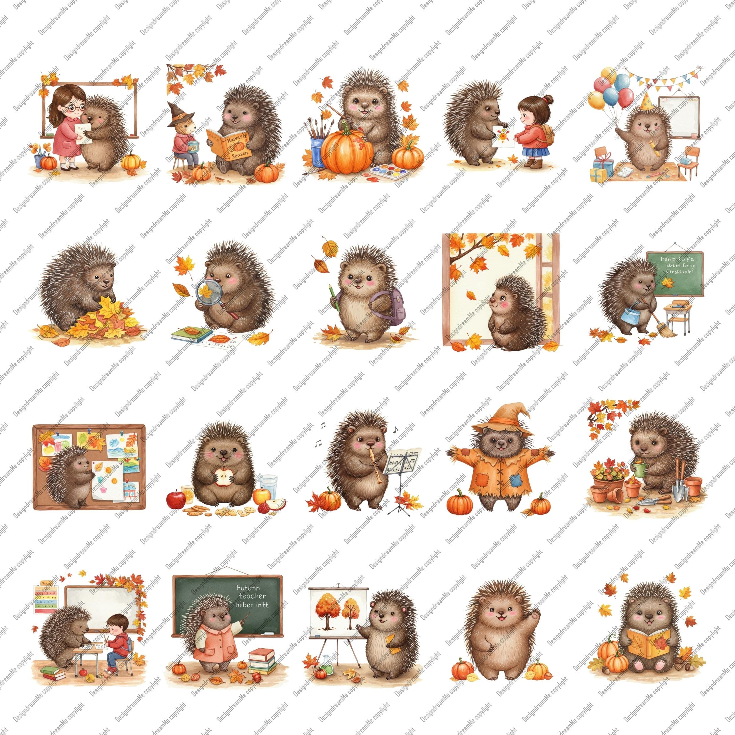 Fall Porcupine Classroom Clipart: Watercolor Autumn Animals (PNG ...