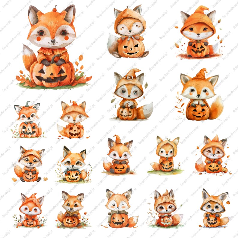 Fox Halloween Clipart, 34 PNG Watercolor Halloween Clipart, Cute ...