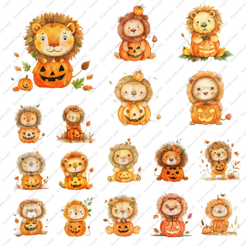 Watercolor Lion Halloween Clipart: 36 PNG Bundle, Commercial Use - Etsy