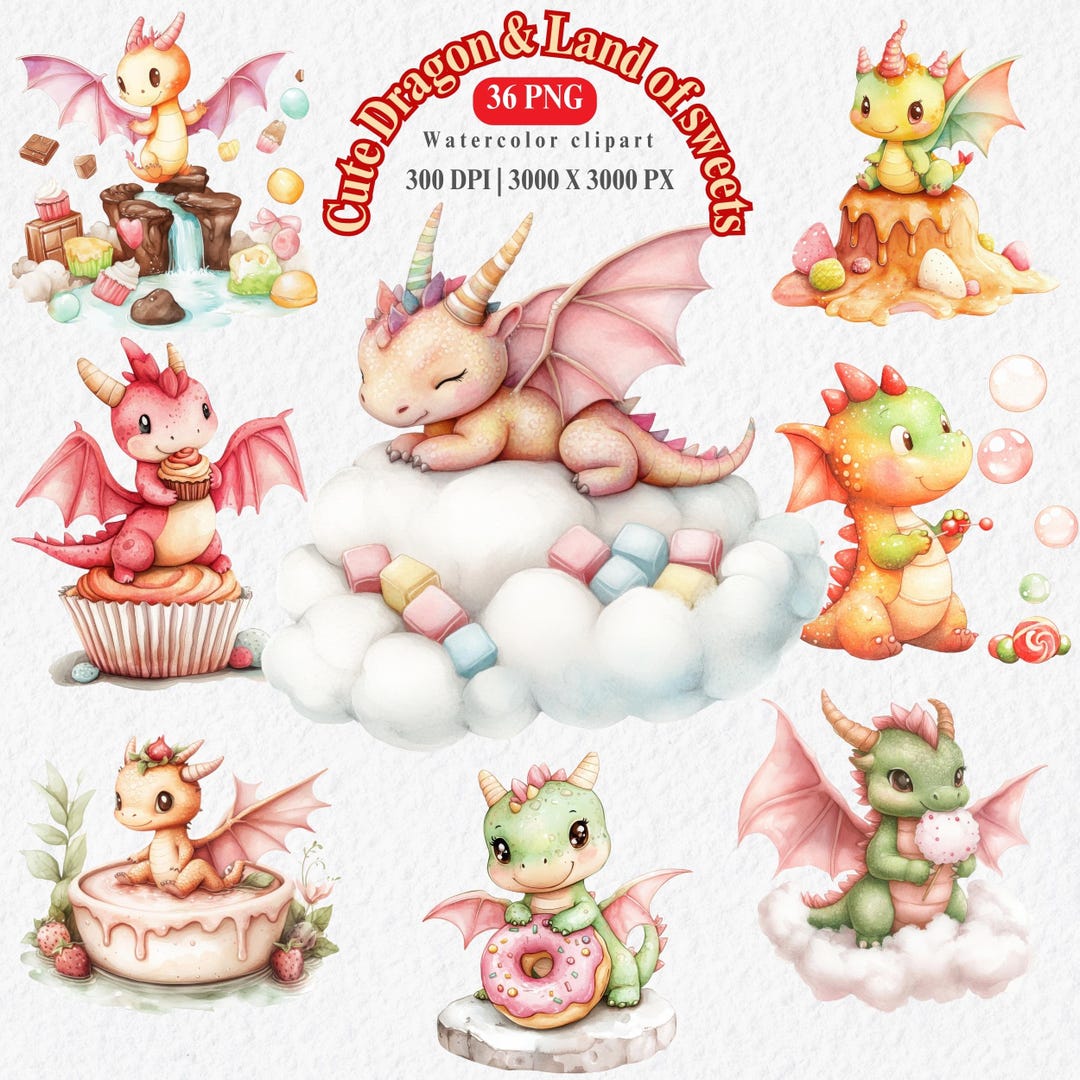 Cute Dragon Land of Sweets Clipart Set, Food & Sweets Clipart, Adorable ...