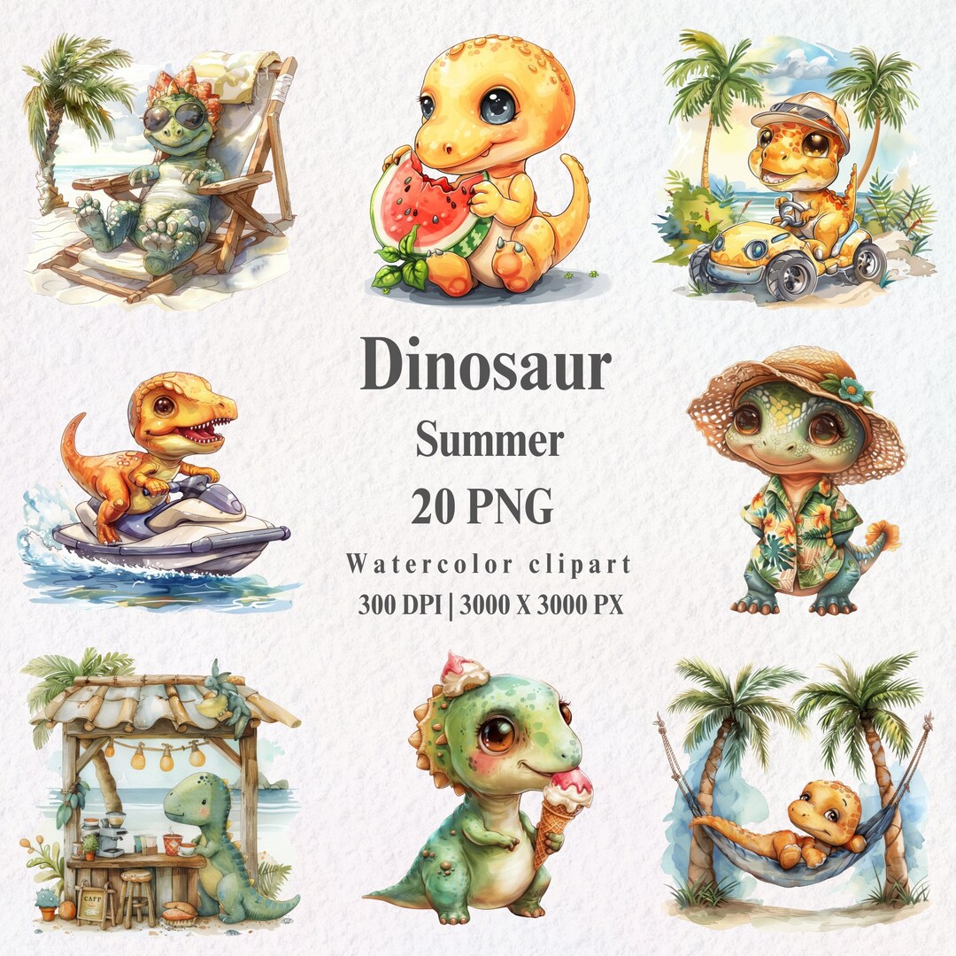 Watercolor Summer Dinosaur Clipart, Baby Dinosaur PNG, Summer Beach ...