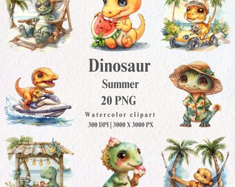 Watercolor Summer Dinosaur Clipart, Baby Dinosaur PNG, Nursery Decor ...