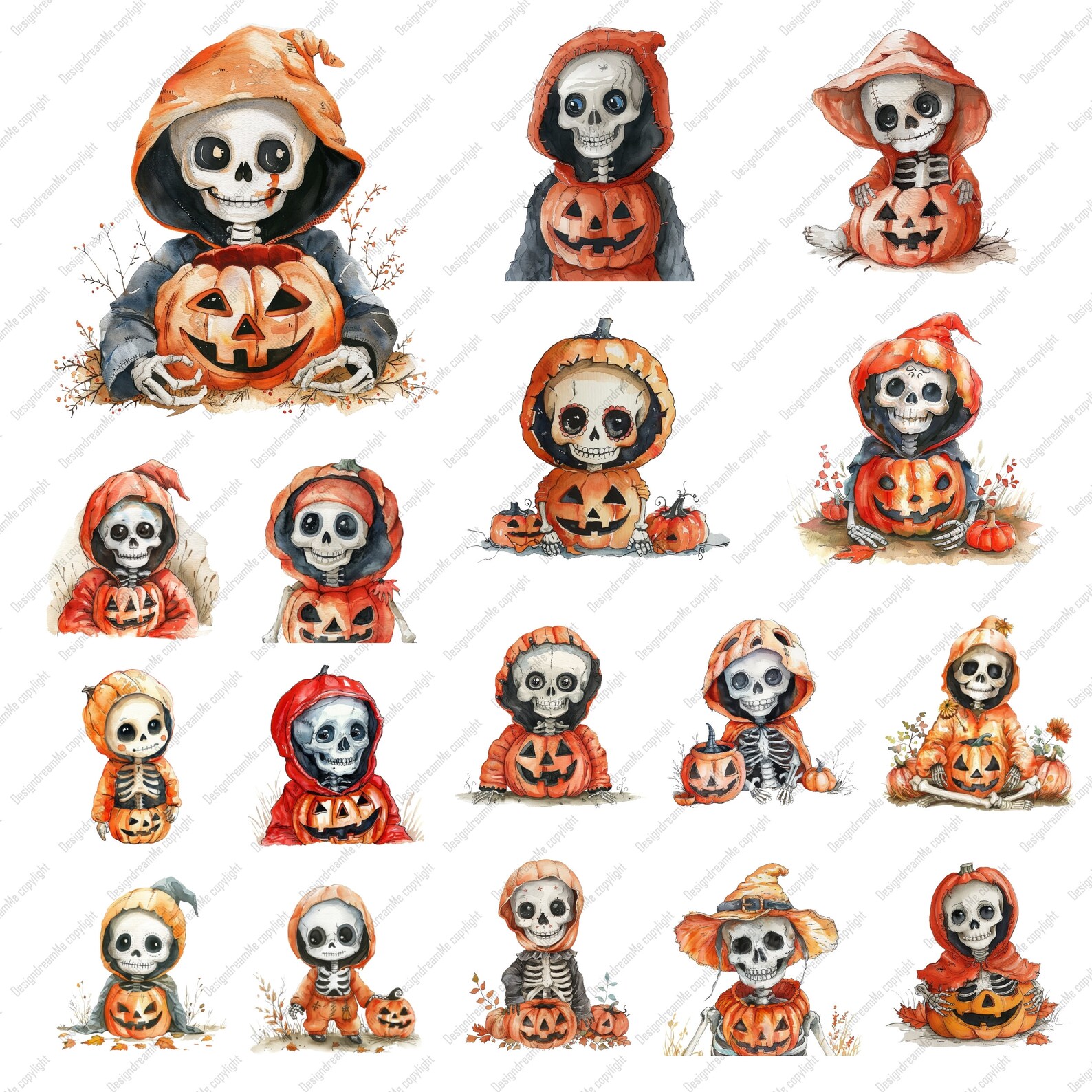 Watercolor Skeleton Halloween Clipart, 34 PNG Halloween Clipart, Cute ...