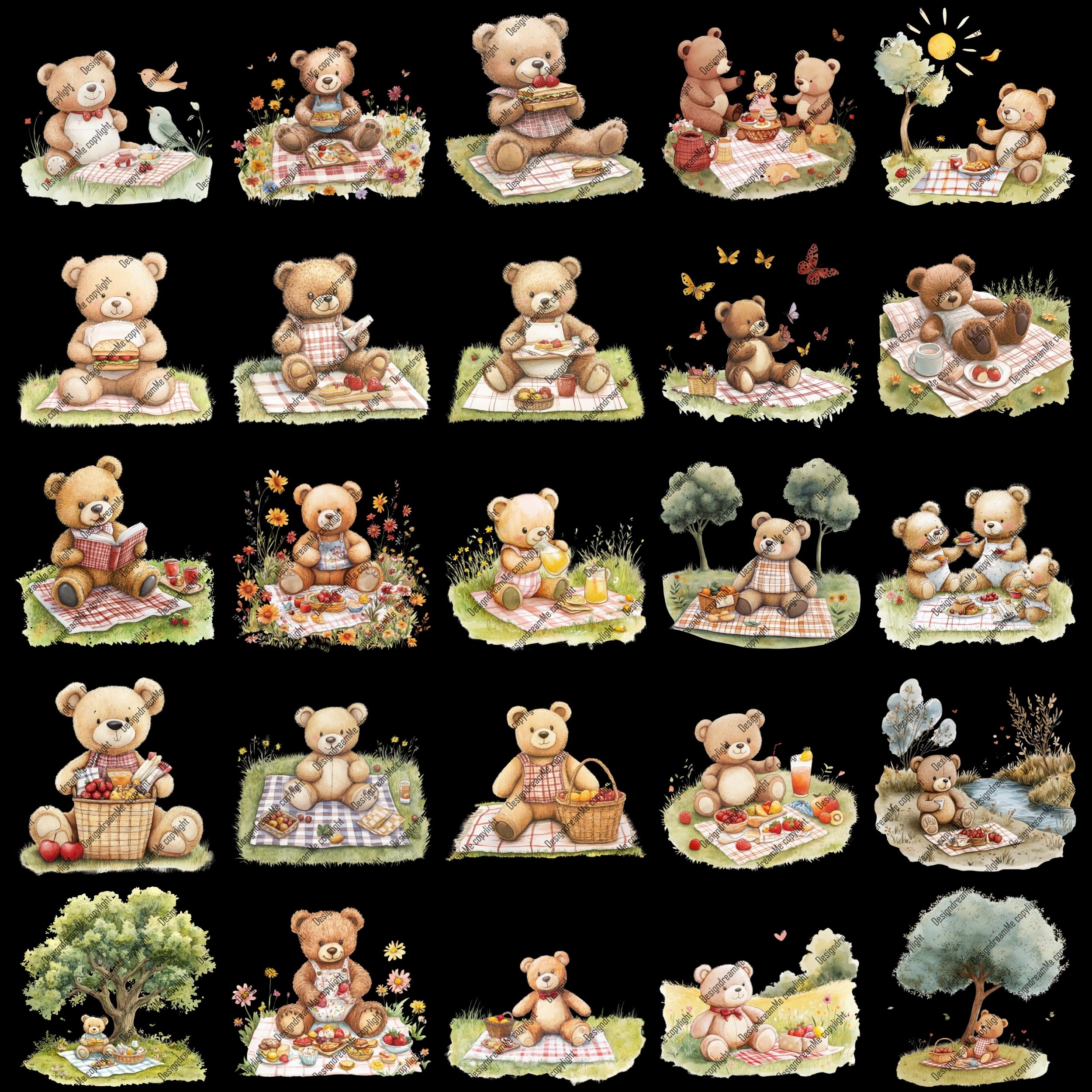 Watercolor Teddy Bear Picnic Clipart Pack, Digitaldownload-25 PNG, Baby ...