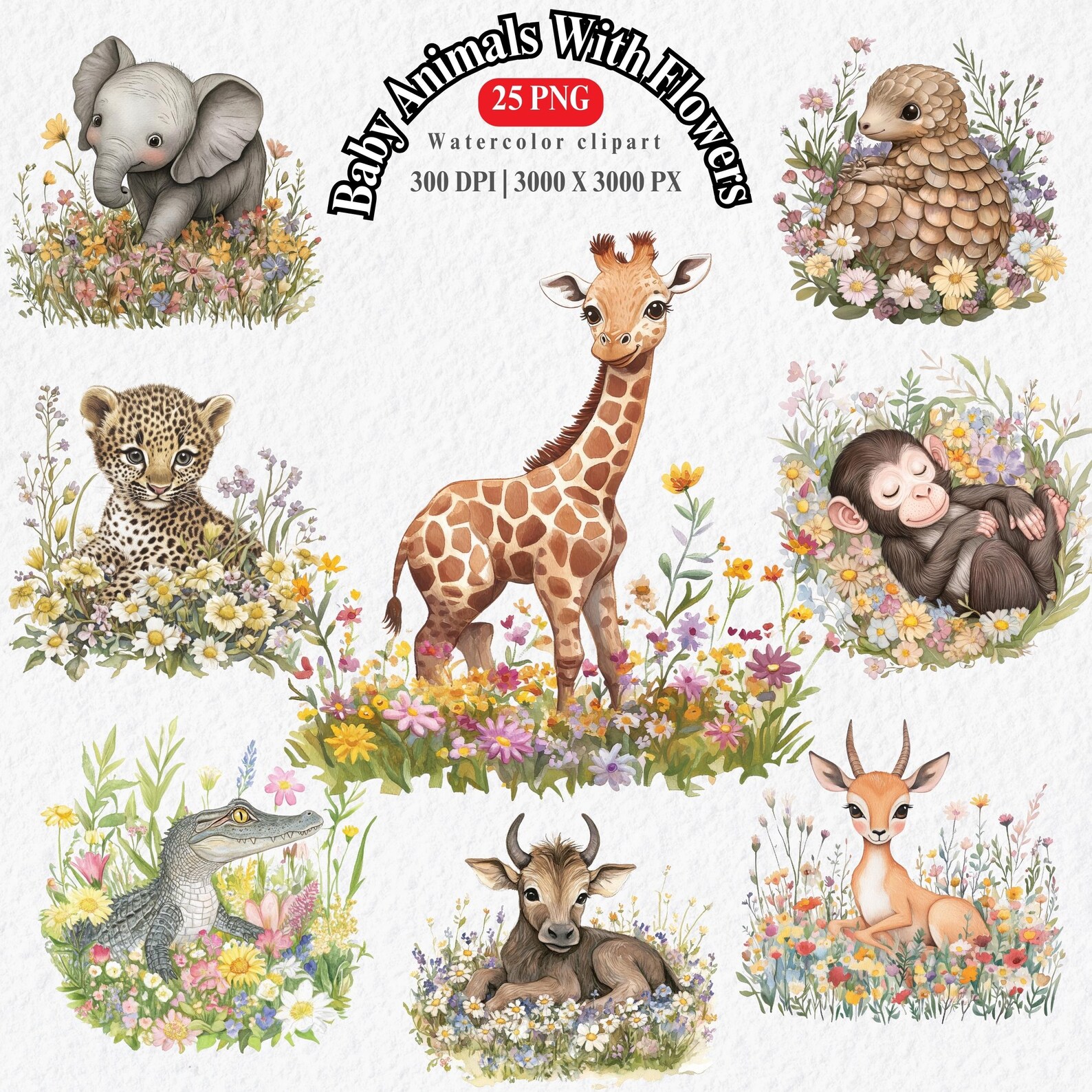 Watercolor Baby Animals With Flowers Clipart, Cute Baby Safari Animal ...