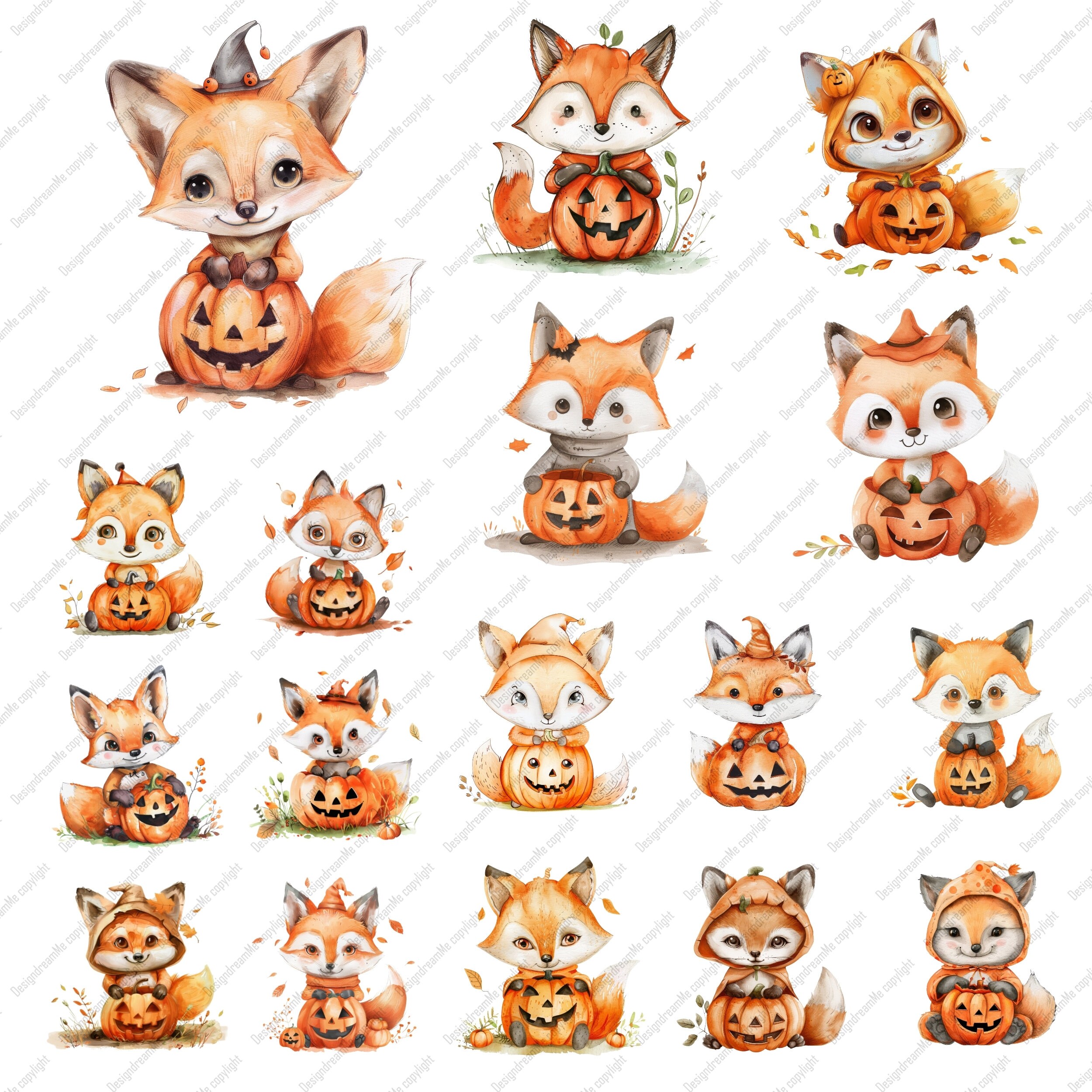 Fox Halloween Clipart, 34 PNG Watercolor Halloween Clipart, Cute ...